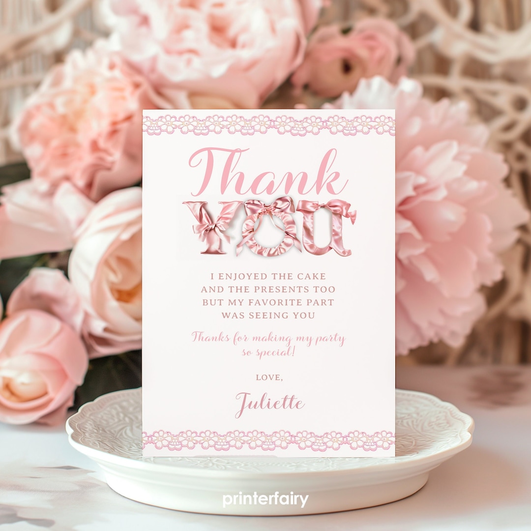 Pink Bow Thank You Card, Coquette Party Editable Template (instant ...