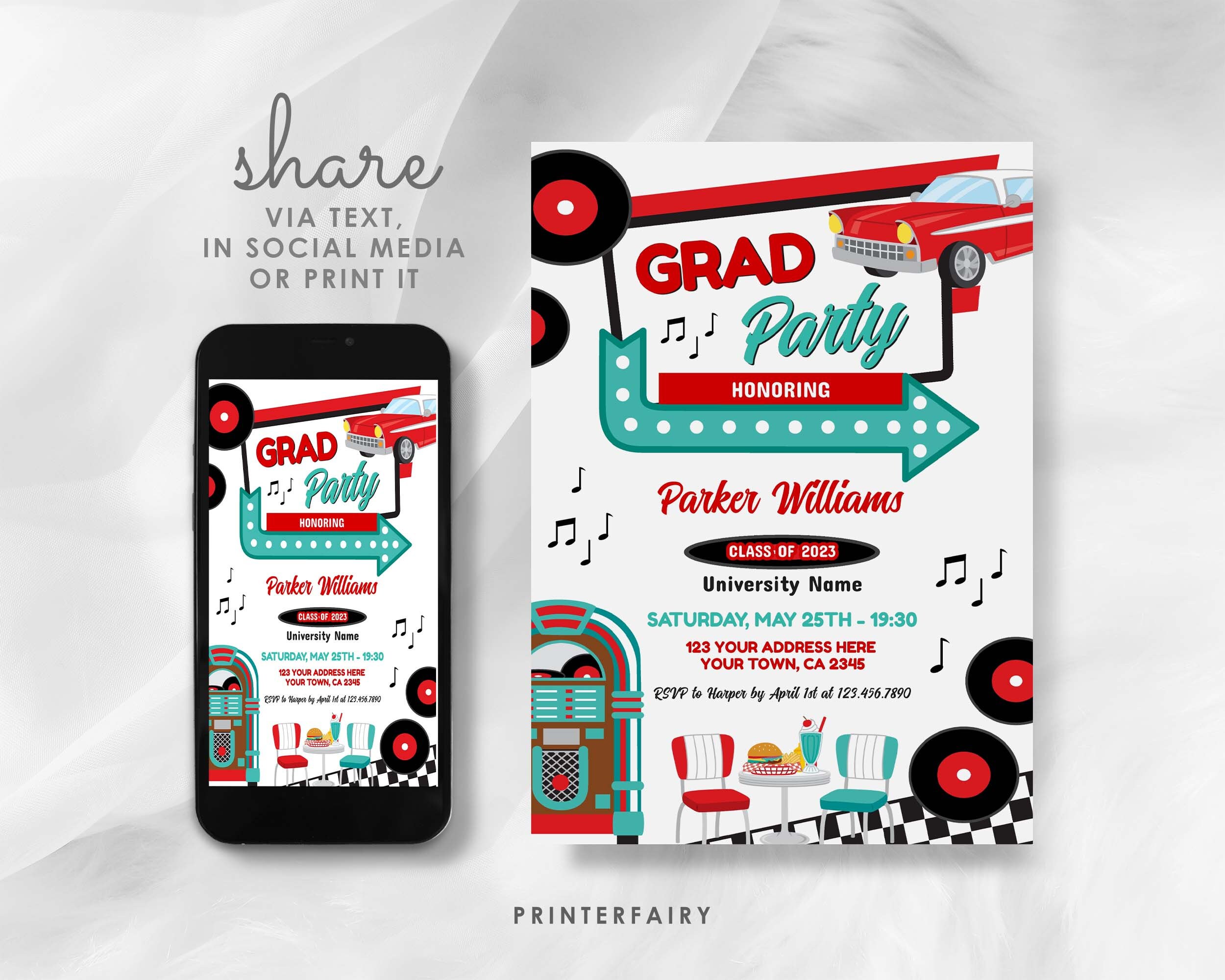 Diner Graduation Party Invitation, Editable, 1950's Party Invite ...