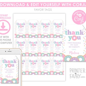 Donut Printable Favor Tags, EDITABLE Donut Gift Tags, Donut Birthday ...