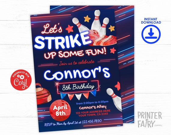 Bowling Birthday Party Invitation, Instant Download, Let's Strike Up ...