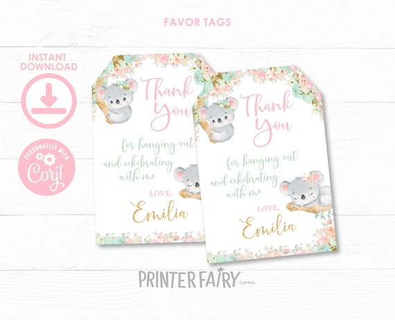 Koala Thank You Tags EDITABLE Koala Birthday Floral Favor - Etsy