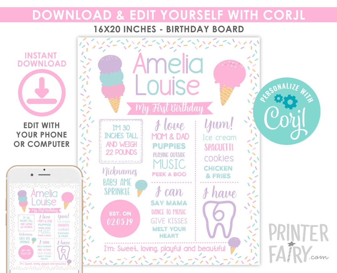 Ice Cream Birthday Board, EDITABLE, Ice Cream Birthday Sign, EDIT ...