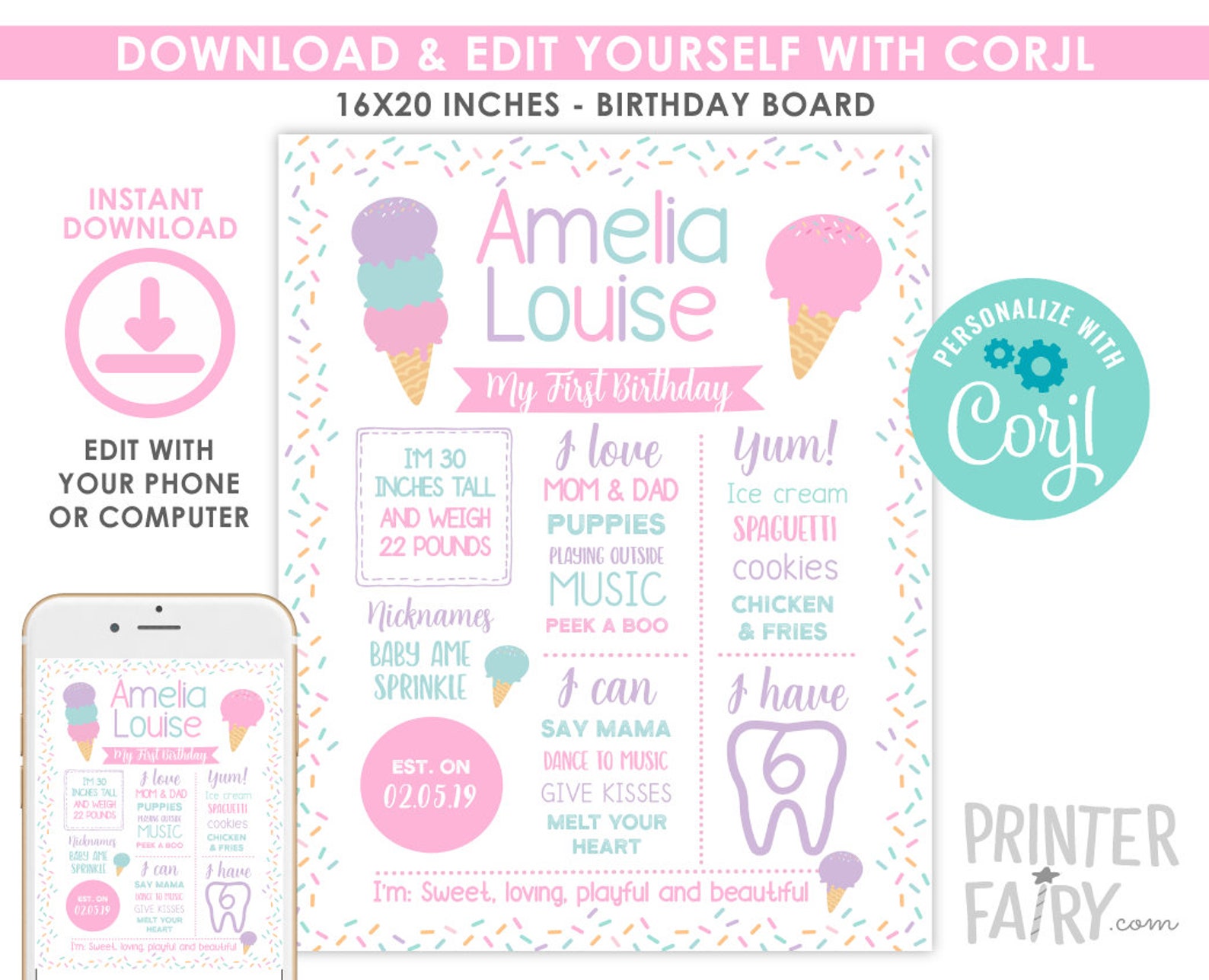 Ice Cream Birthday Board EDITABLE Ice Cream Birthday Sign | Etsy