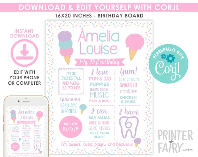 Ice Cream Birthday Board EDITABLE Ice Cream Birthday Sign - Etsy