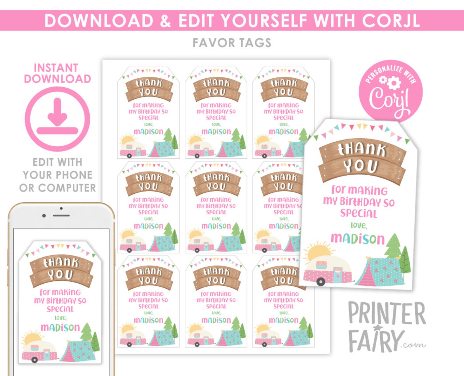 Camping Favor Tags Summer Camp Birthday Party EDITABLE | Etsy