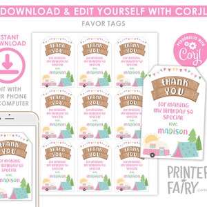 Camping Favor Tags, Summer Camp Birthday Party, EDITABLE, Happy Camper ...