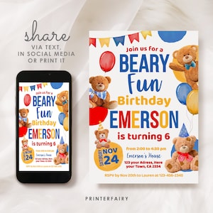 Bear Birthday Party Invitation Editable Beary Fun Birthday Bear ...