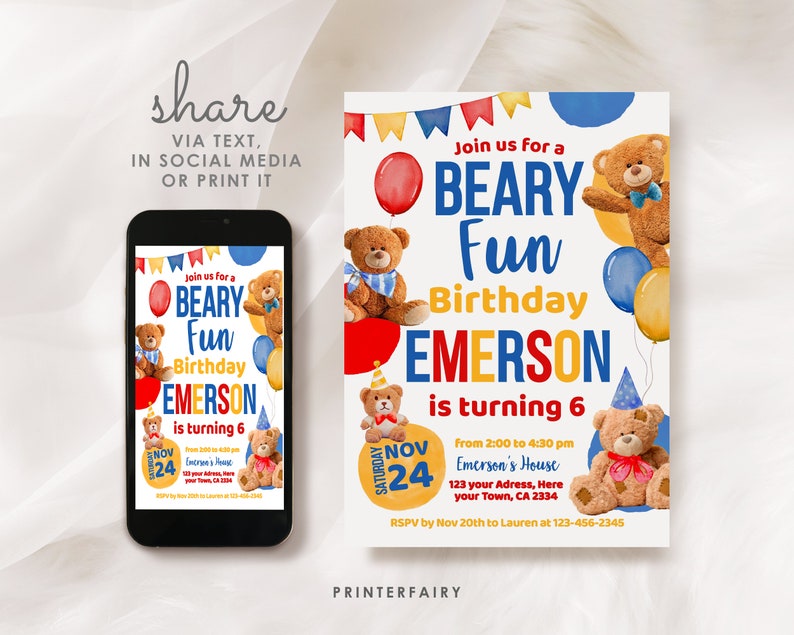 Bear Birthday Party Invitation Editable Beary Fun Birthday Bear ...