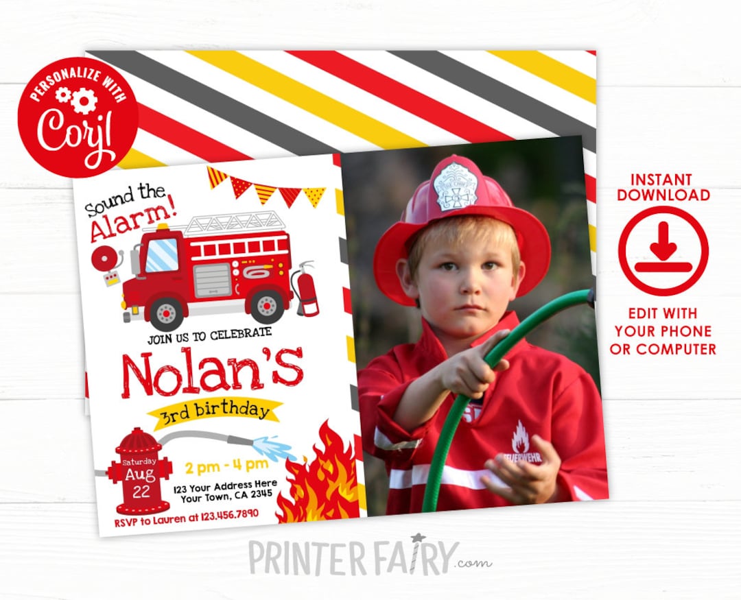 Firefighter Invitation With Photo, EDITABLE Fire Fighter Birthday Party ...
