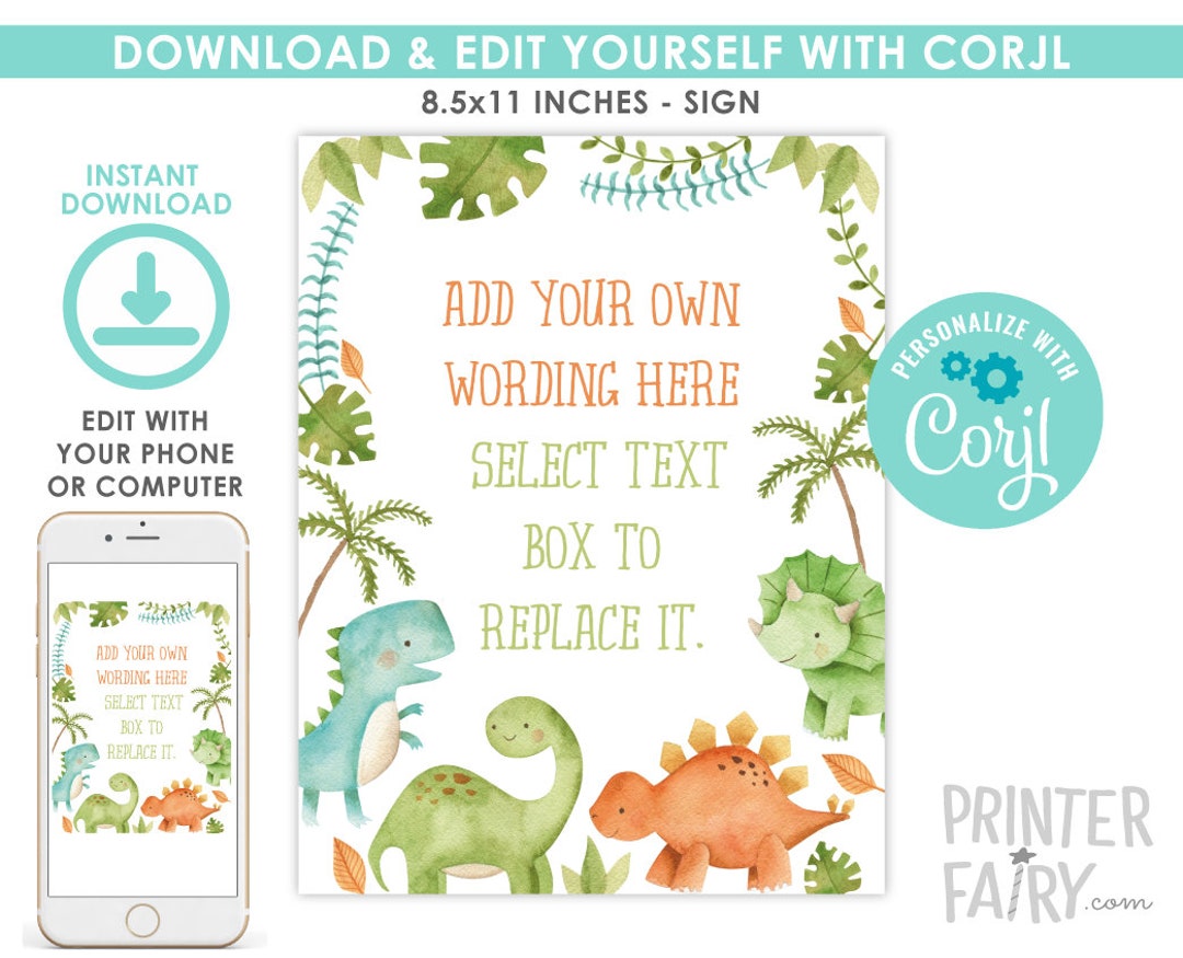 Dinosaur Sign EDITABLE Dinosaur Birthday Party Dinosaur - Etsy