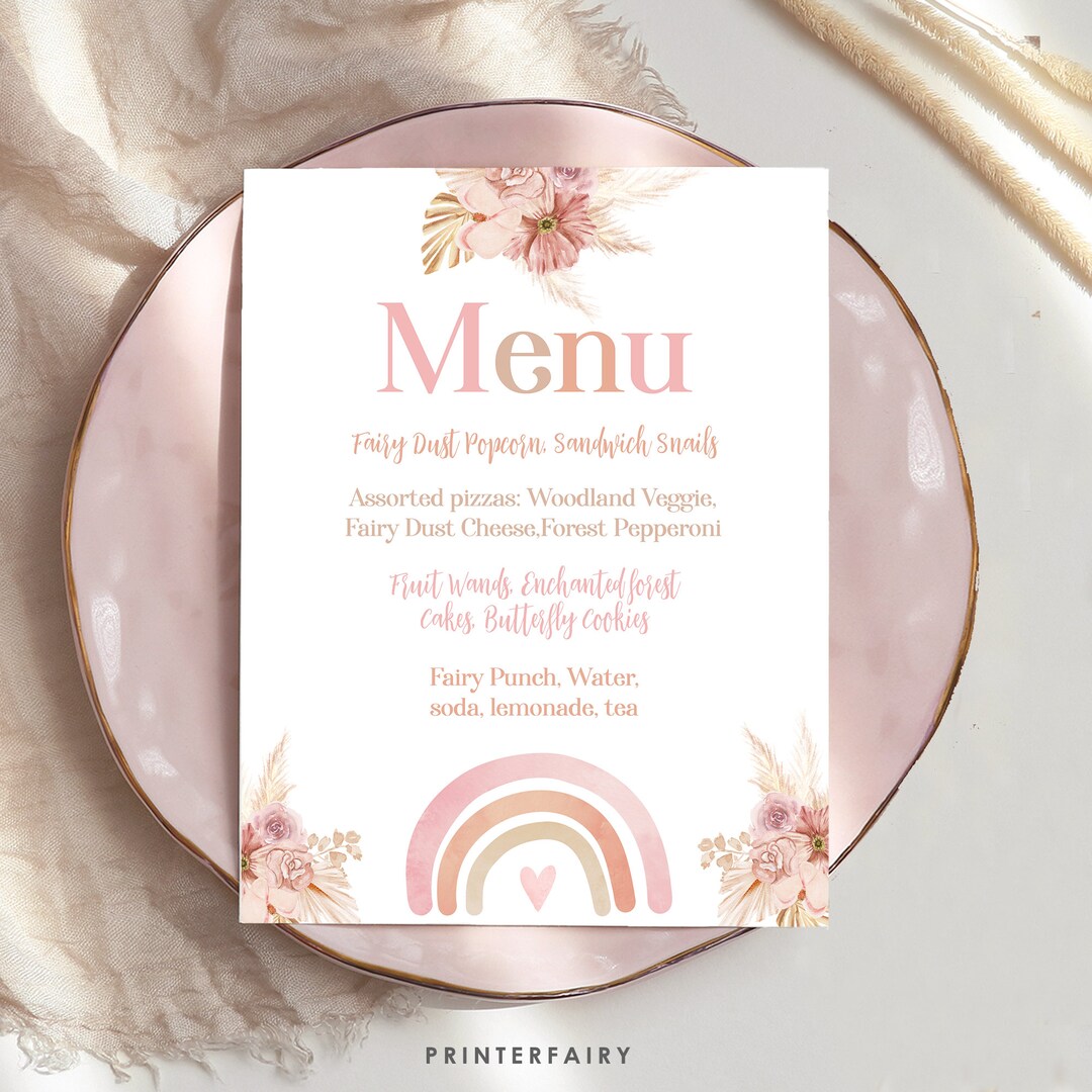 Editable Boho Rainbow Menu, Pastel Watercolor Pampas Wedding Dining ...