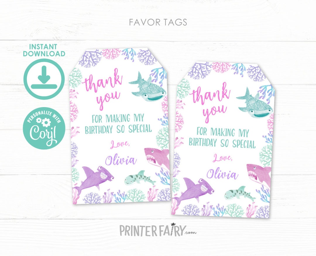 Shark Favor Tags, EDITABLE, Shark Girl Birthday Party, Under the Sea ...