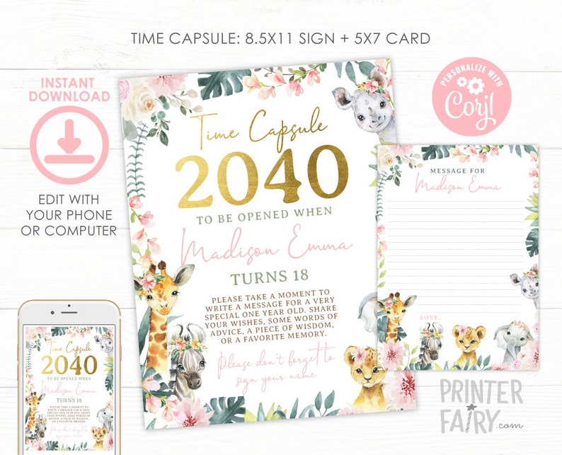 Jungle Time Capsule, Editable Sign, EDITABLE Wild One Time Capsule ...