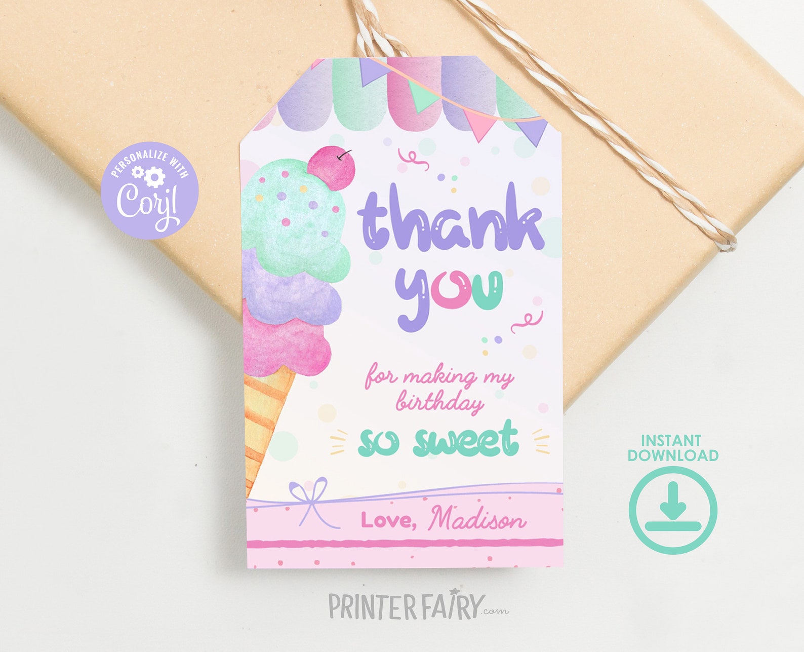 Ice Cream Birthday Favor Tags EDITABLE Ice Cream Party - Etsy
