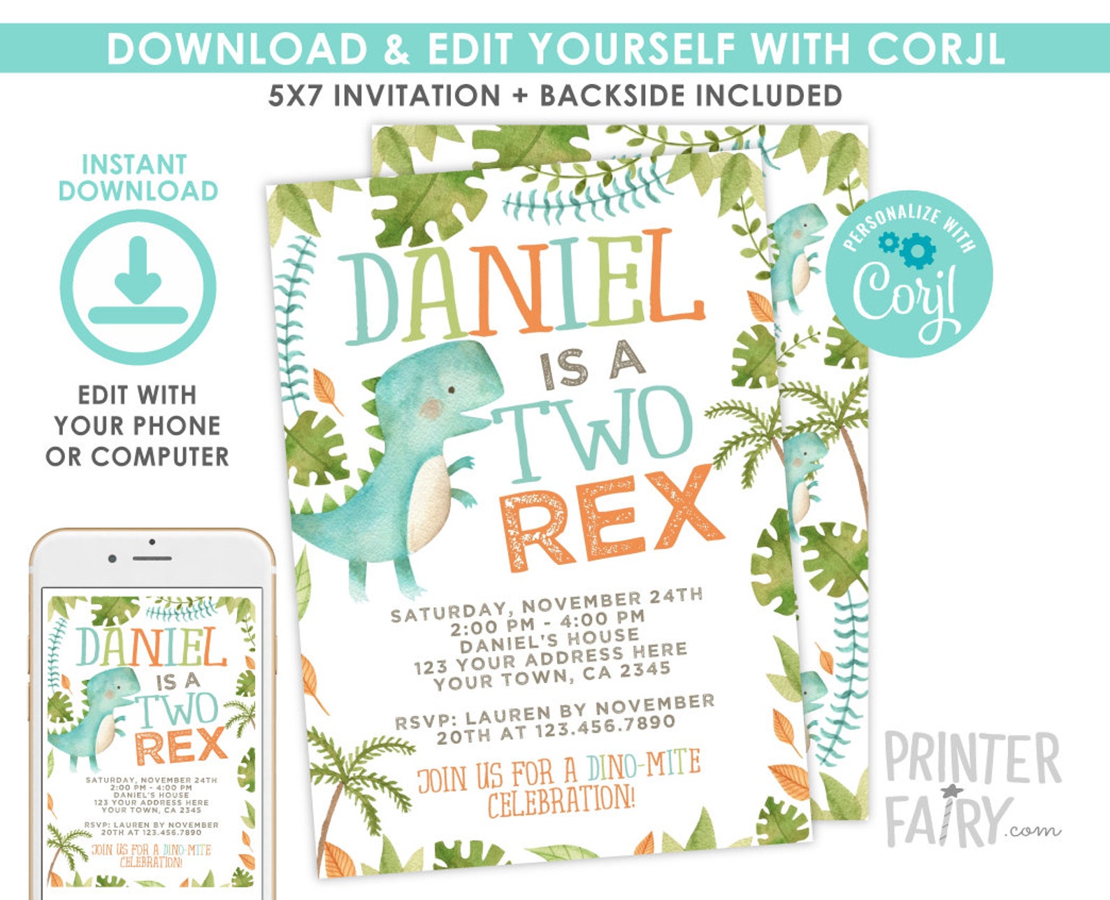 Two Rex Invitation EDITABLE Dinosaur Birthday Invitation - Etsy