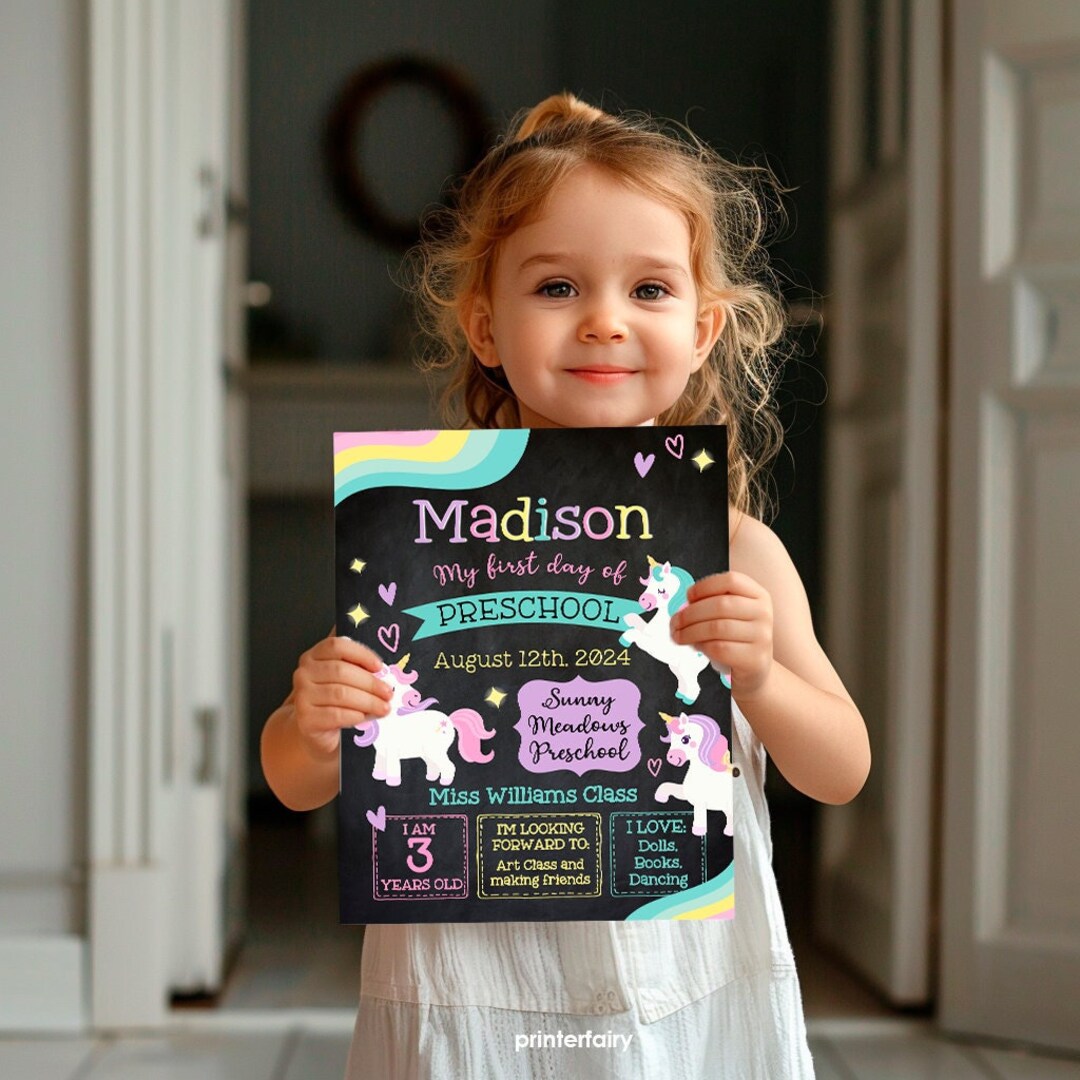 Back to School Unicorn Sign, First Day of School Editable Board, First ...