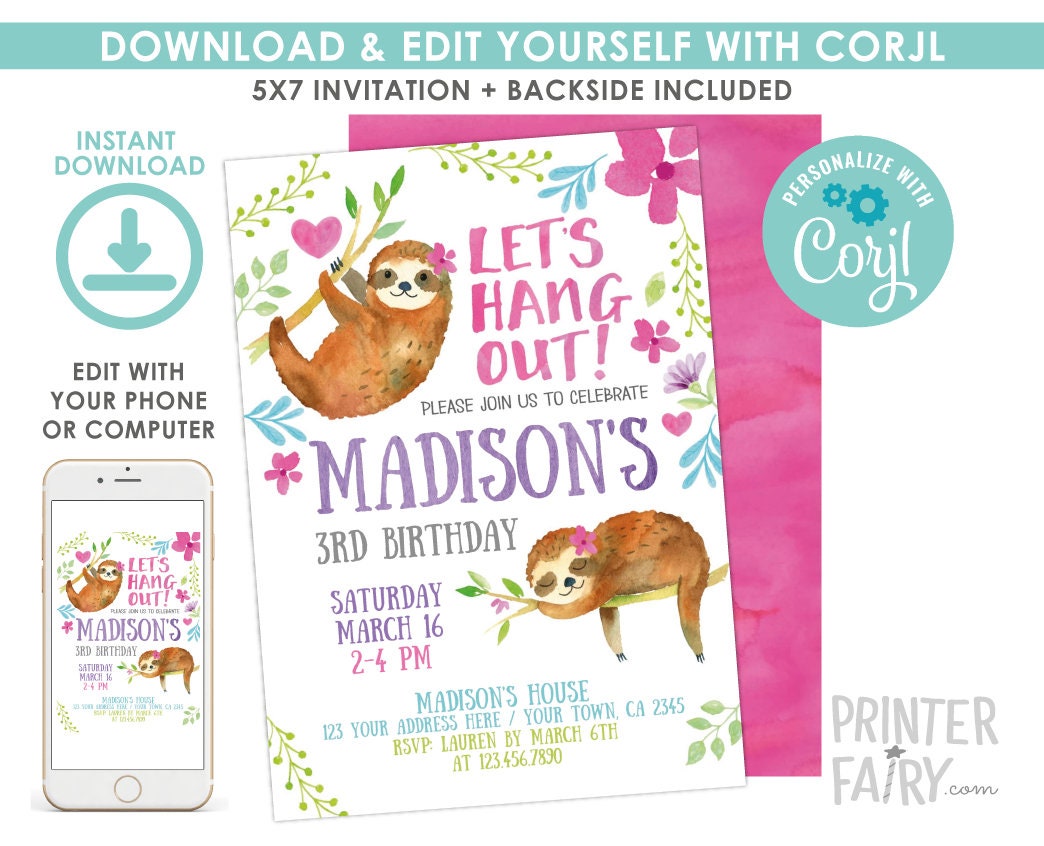 Sloth Invitation EDITABLE Sloth Birthday Invitation Bear | Etsy