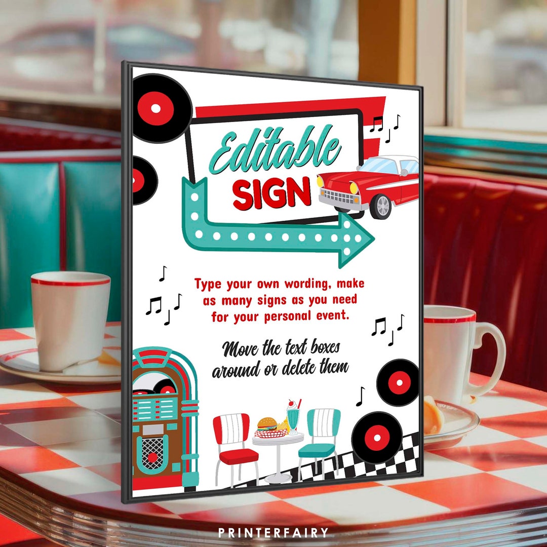 Diner Sign, Editable, Sock Hop Decorations, Midcentury Sign, 1950's ...