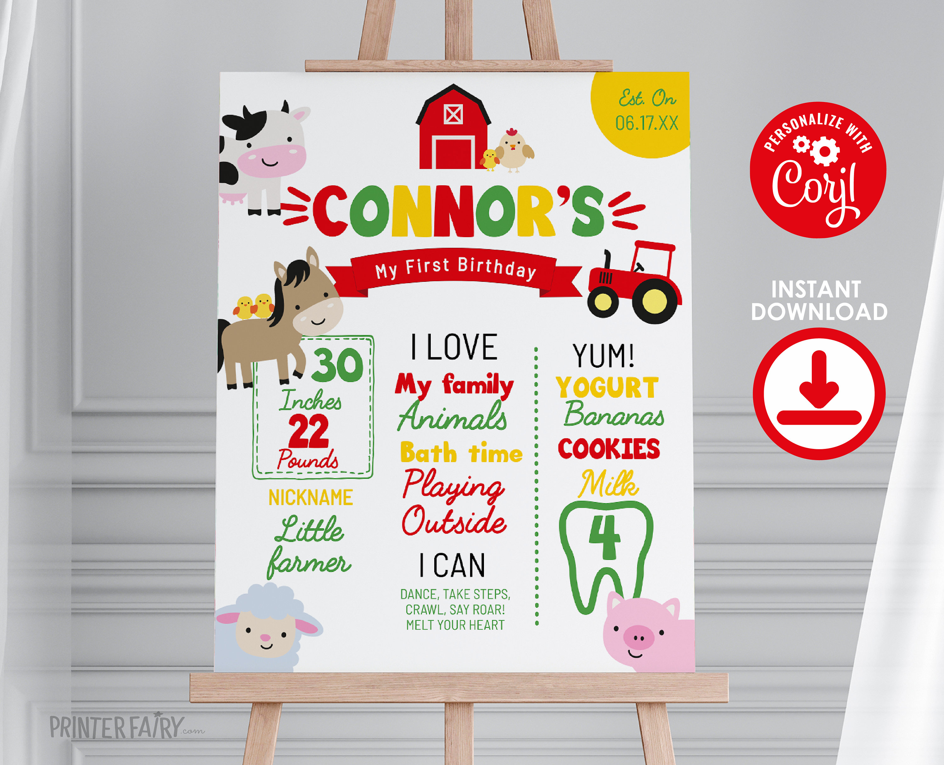 Farm First Birthday Board, Editable, Farm Animals Birthday Sign ...