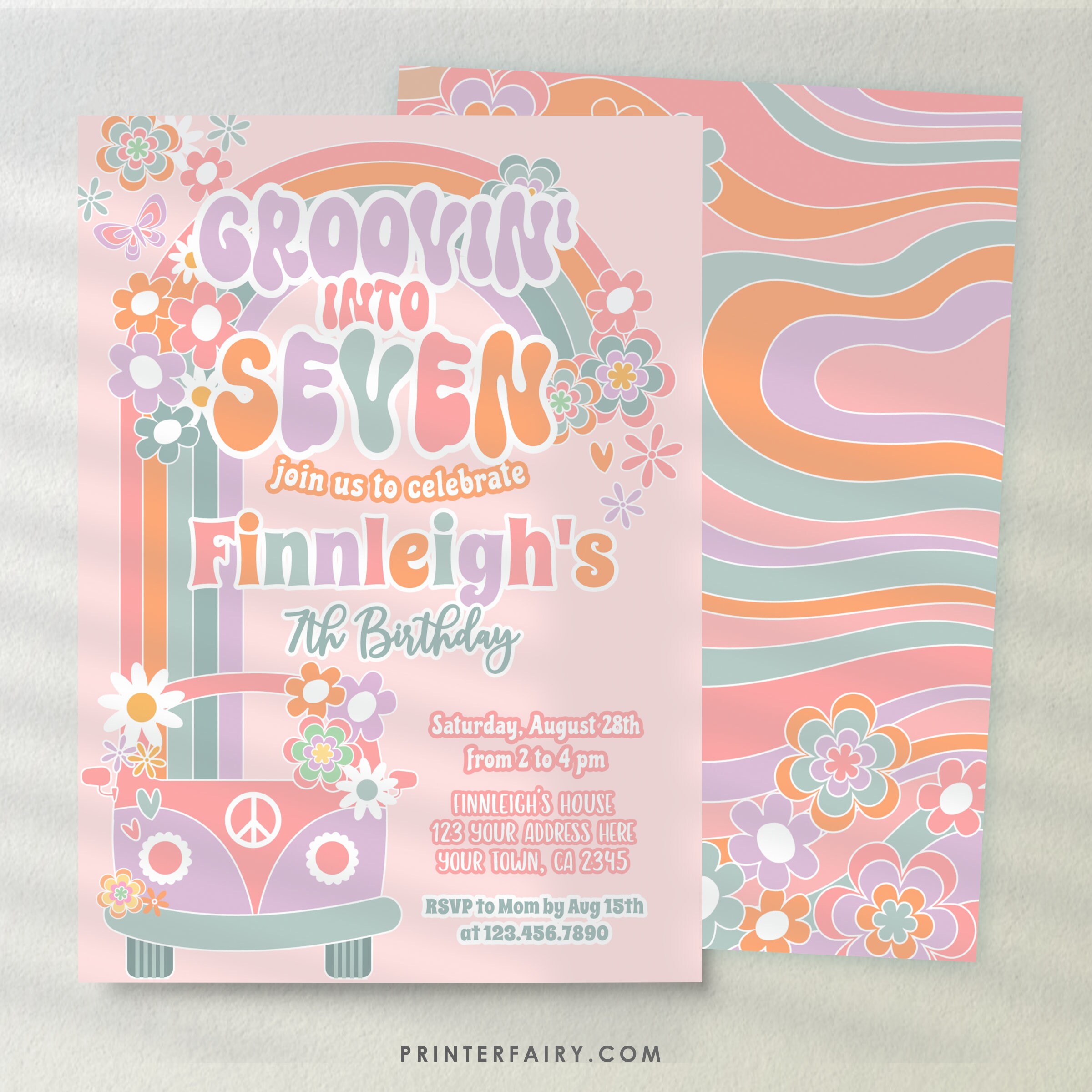 Editable Groovin Into Seven Groovy Invitation 7th Birthday Daisy ...