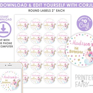 Unicorn Round Labels, EDITABLE, Rainbow Birthday Party, Unicorn Toppers ...
