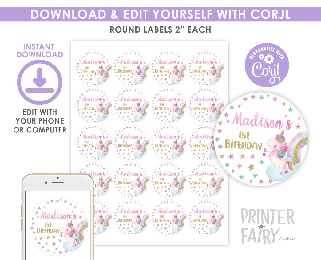 Unicorn Round Labels EDITABLE Rainbow Birthday Party | Etsy