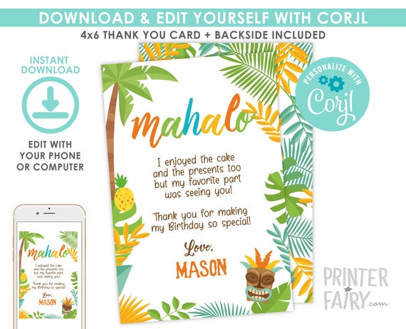 Luau Thank You Cards, EDITABLE, Hawaiian Birthday Party, Beach Birthday ...