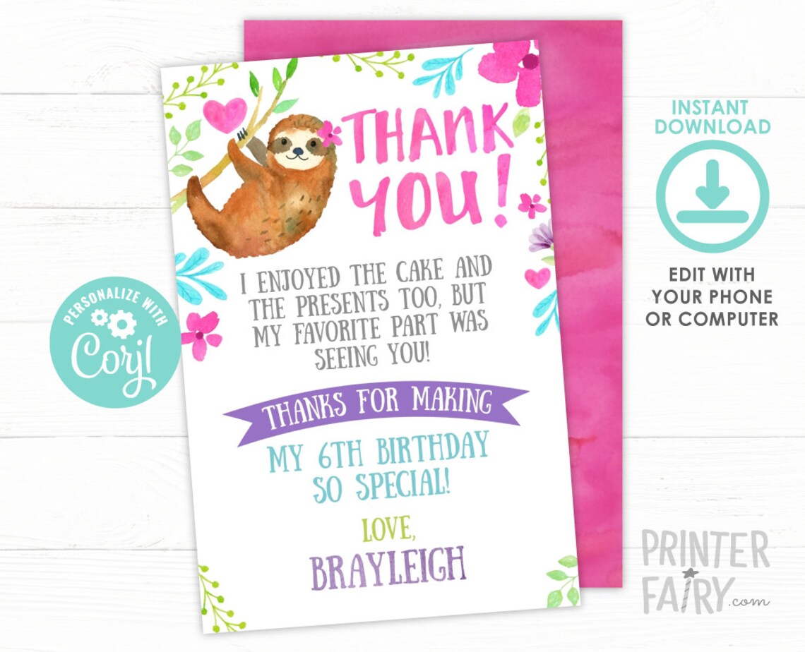 Sloth Thank You Cards EDITABLE Sloth Birthday Party Sloth | Etsy