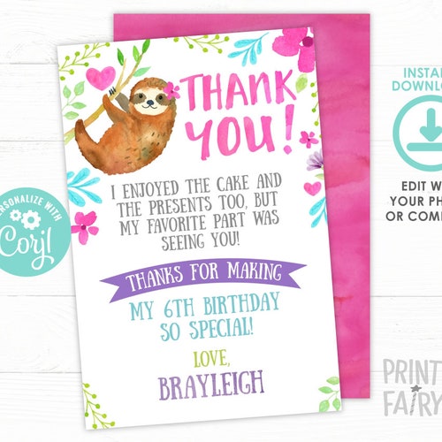 Sloth Thank You Cards EDITABLE Sloth Birthday Party Sloth | Etsy