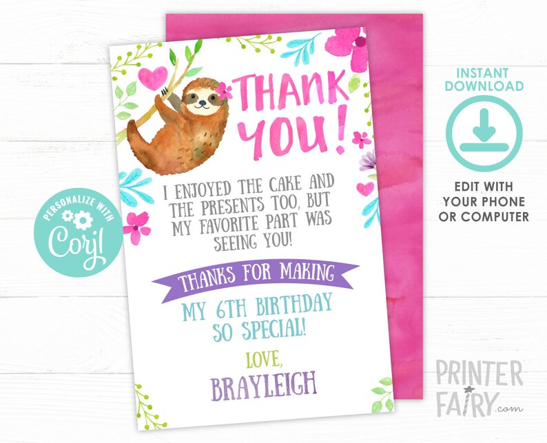 Sloth Thank You Cards EDITABLE Sloth Birthday Party Sloth - Etsy