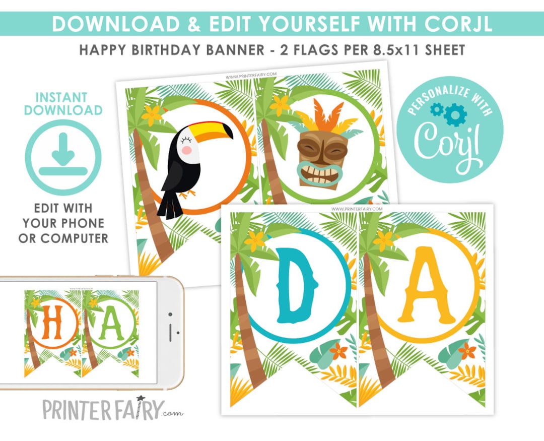 Luau Banner EDITABLE Hawaiian Birthday Decorations Bunting - Etsy