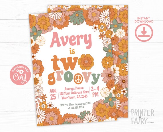 Hippie Floral Invitation, Two Groovy Birthday Invitation, Groovy ...