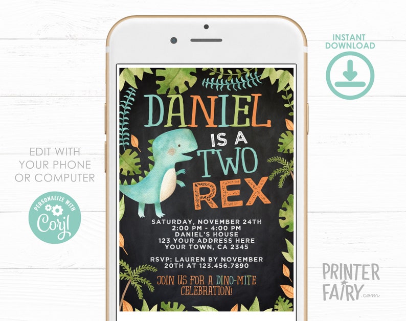 Two Rex Invitation EDITABLE Dinosaur Birthday Invitation - Etsy