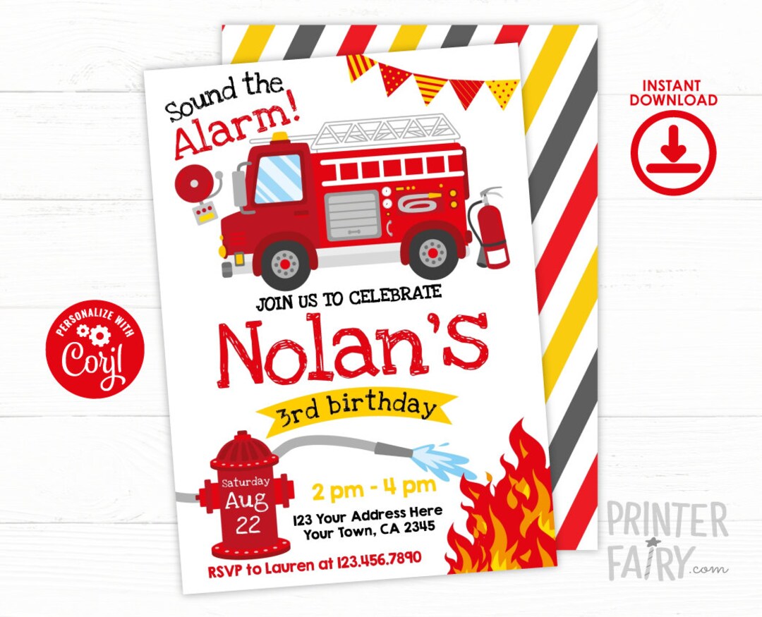 Firefighter Invitation, EDITABLE Fire Fighter Birthday Party, Fireman ...