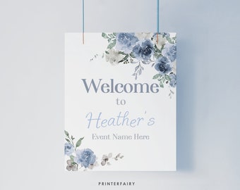 Light Blue Floral Bridal Shower Welcome Sign Editable Template - Etsy