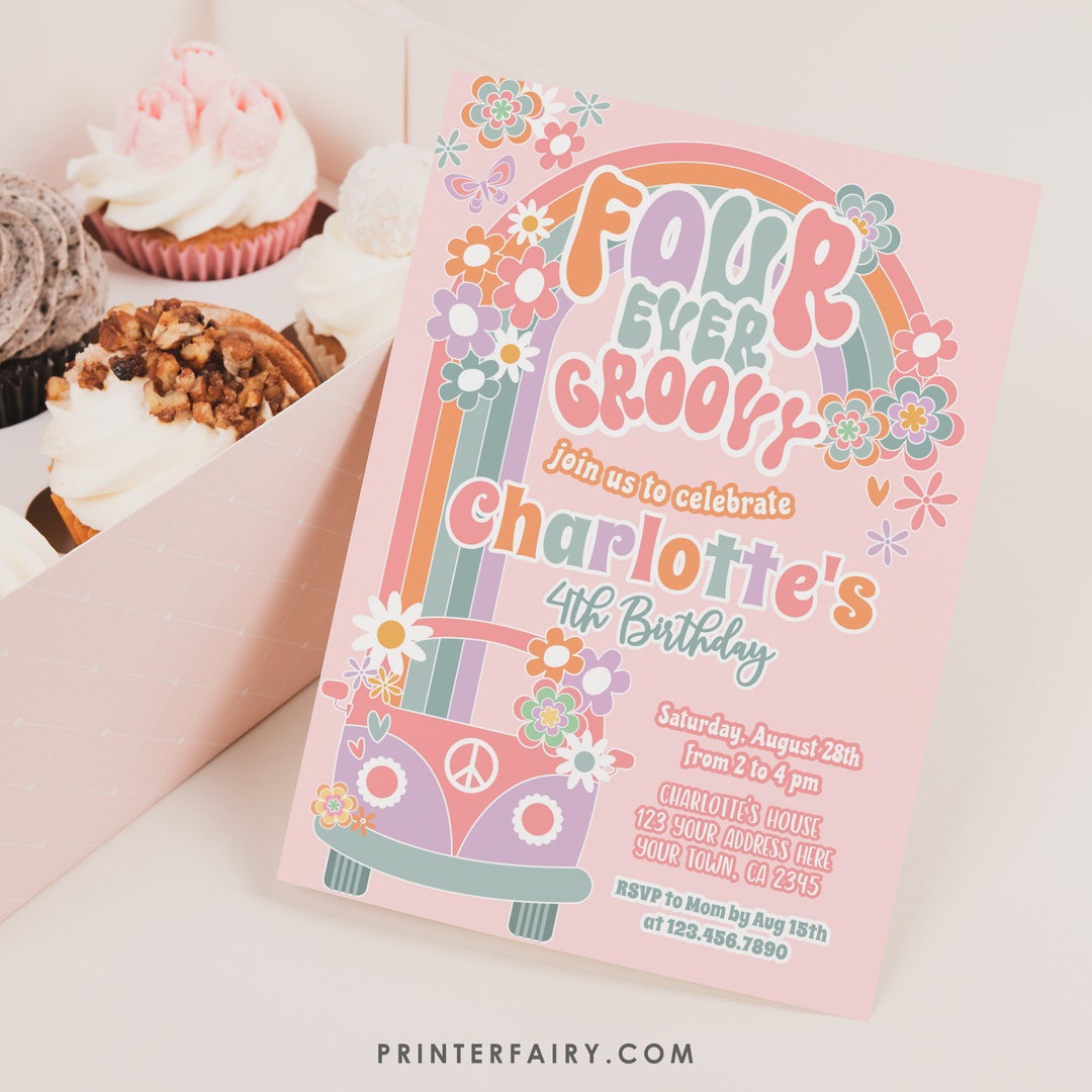 Editable Four Ever Groovy Invitation 3rd Birthday Daisy Invitation 70s ...
