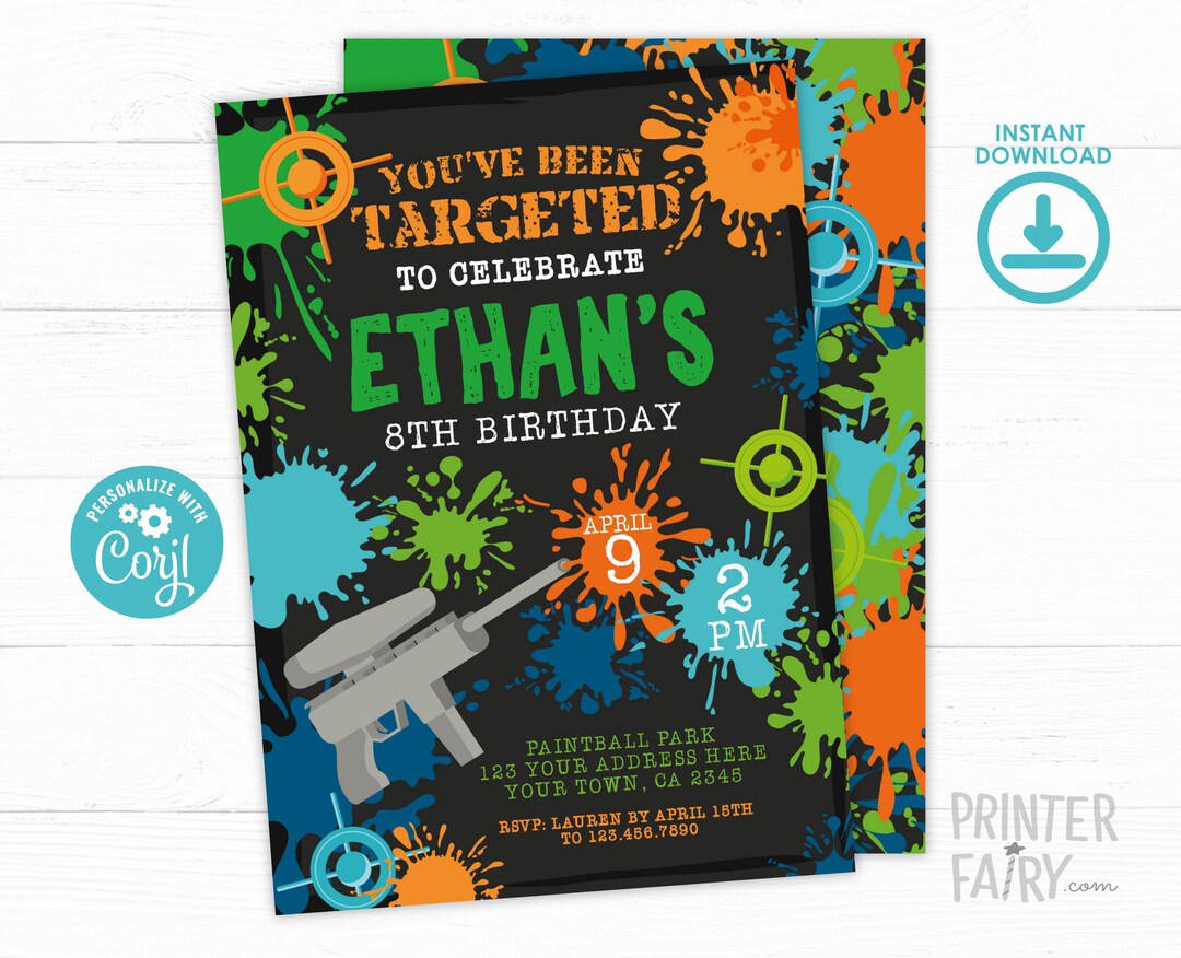 Paintball Birthday Invitation, Paintball Party Invitation, Paintball ...