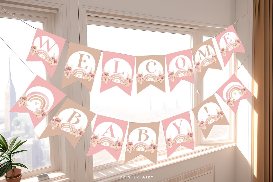 Boho Rainbow Baby Shower Banner, Pastel Watercolor Bunting, Pampas ...
