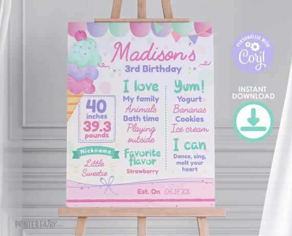 Ice Cream First Birthday Board Sign, EDITABLE, Ice Cream Party, Summer ...