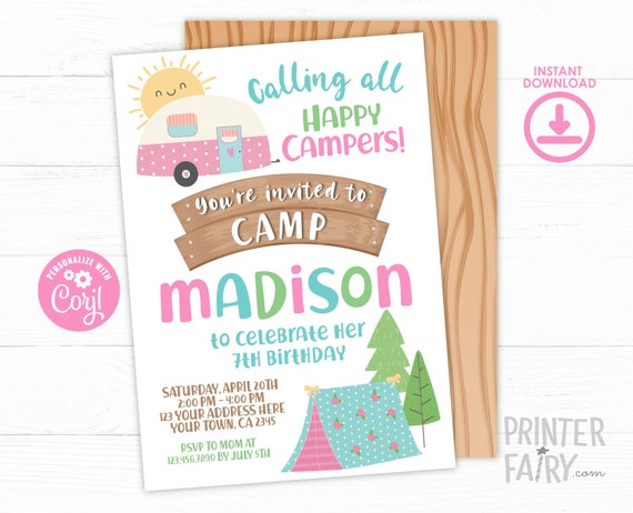 Camping Invitation, Camp Birthday Invitation, EDITABLE, Summer Camp Party, Happy Camper Invite ...