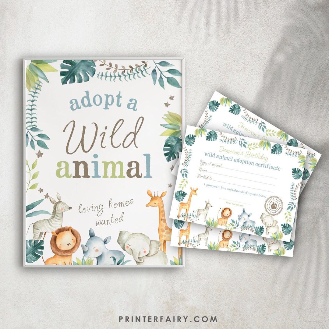 Wild Animal Adoption Sign & Certificate, Jungle Birthday Party (digital ...