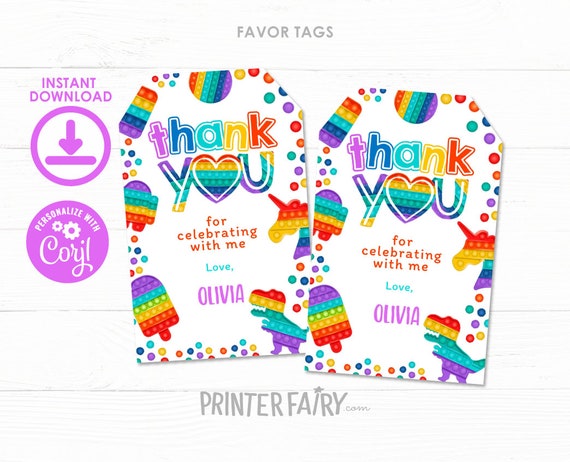 Pop it Favor Tags, EDITABLE, Popit Party, Girl Birthday Party, Rainbow ...