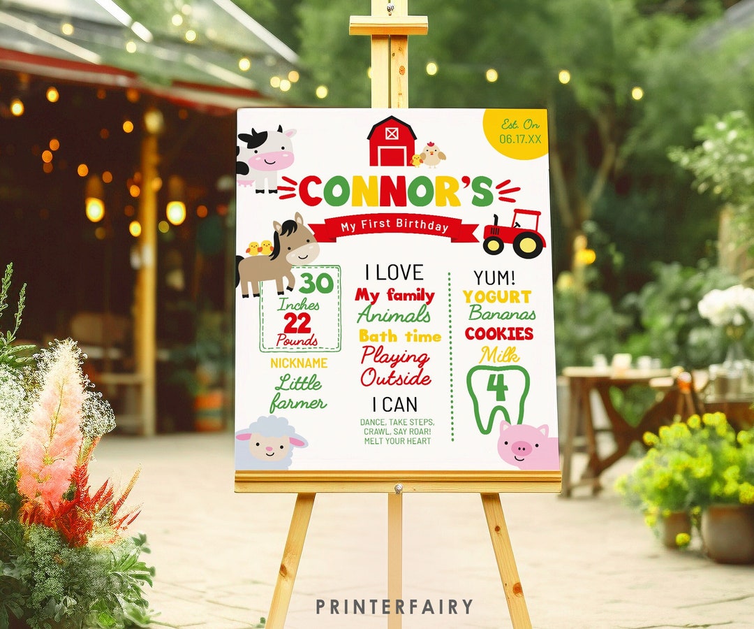 Farm First Birthday Milestone Board, Barnyard Animals Sign (editable ...
