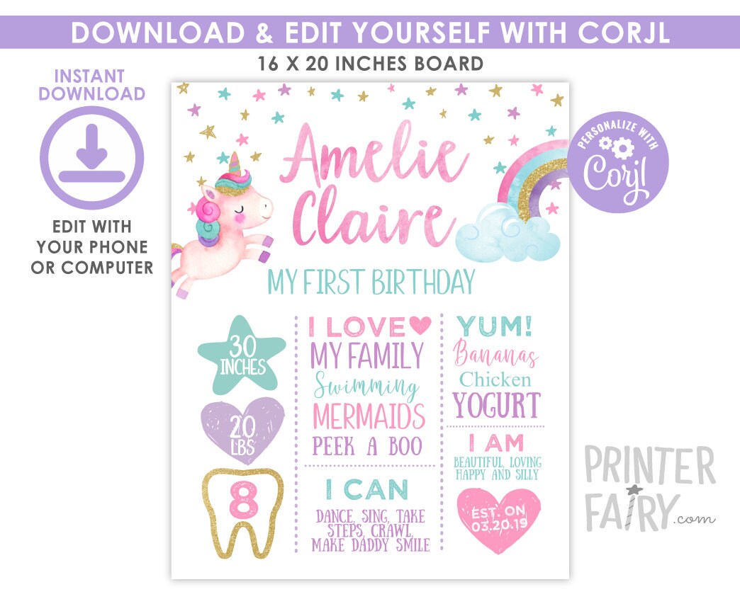 Unicorn Birthday Board EDITABLE Rainbow Birthday | Etsy