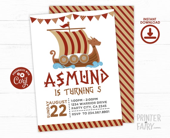 Viking Boat Birthday Invitation, EDITABLE Dragon Birthday Invitation ...