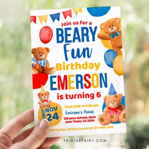 Bear Birthday Party Invitation Editable Beary Fun Birthday Bear ...