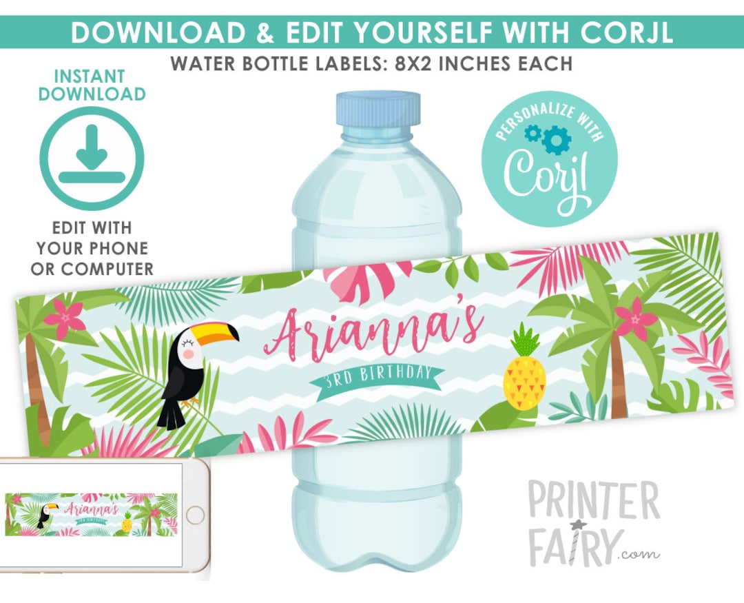 Luau Water Bottle Labels, EDITABLE, Hawaiian Party, Pool Party, Luau ...