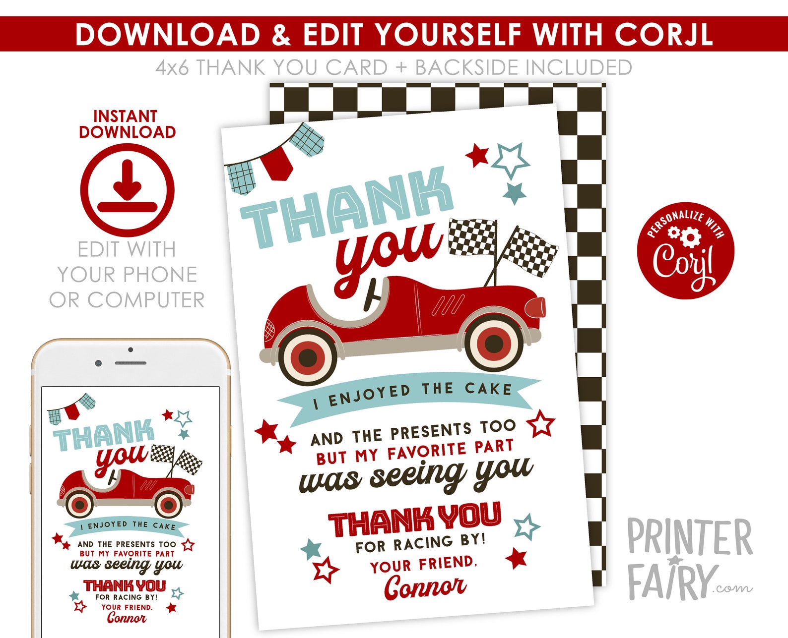 Race Car Birthday Party Thank You Card, EDITABLE Racing Car Party ...
