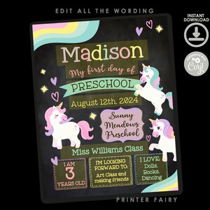 Back to School Unicorn Sign, First Day of School Editable Board, First ...