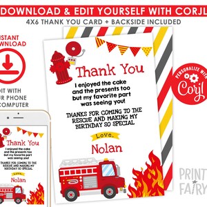 Firefighter Thank You Cards, EDITABLE Fire Fighter Birthday Party ...